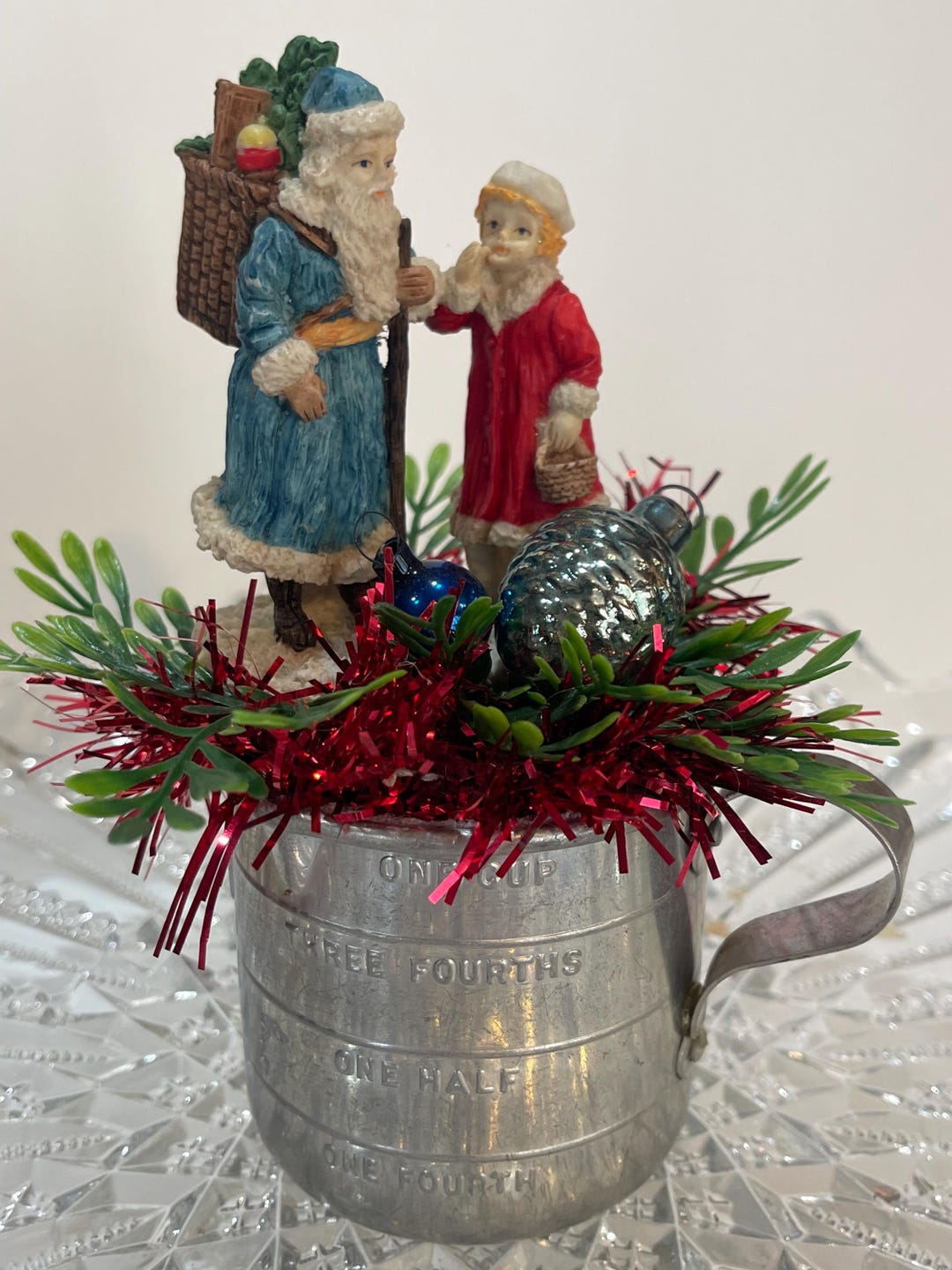 Vintage Christmas Measuring Cup Assemblage, Santa and Girl Figurine - Etsy