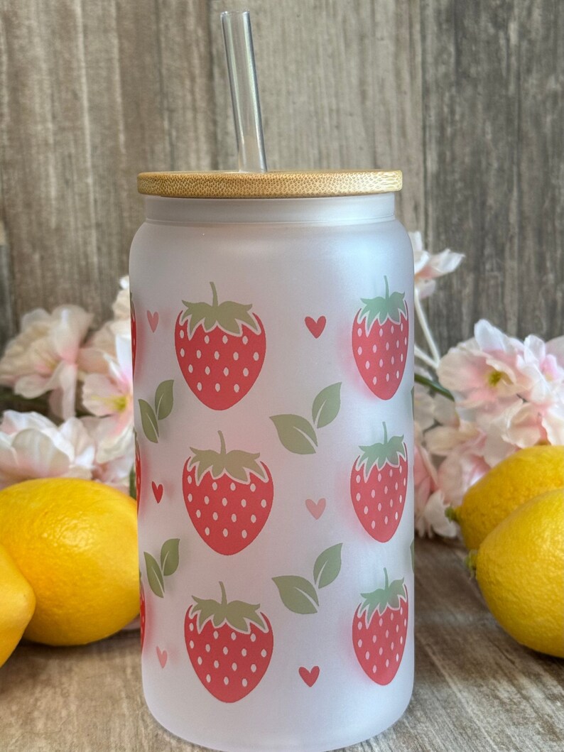 Frosted Strawberry Glass Cup, Bamboo Lid & Straw - 16oz - Etsy
