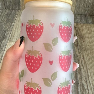 Frosted Strawberry Glass Cup, Bamboo Lid & Straw - 16oz - Etsy