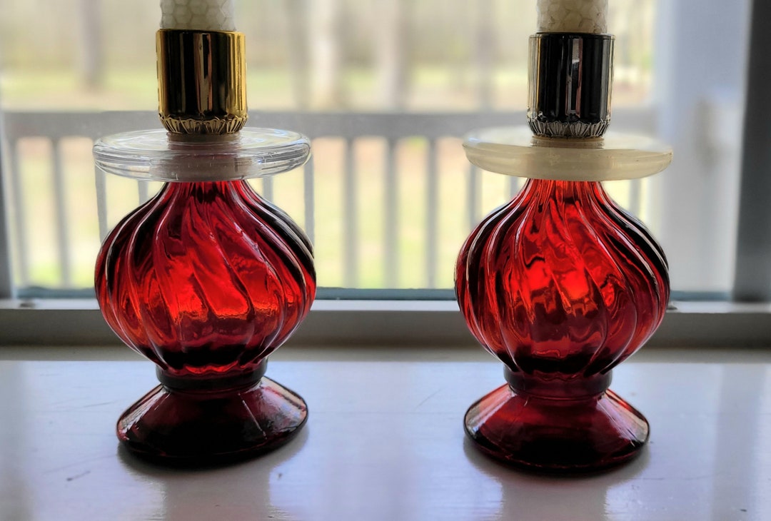 Avon Ruby Red Glass Perfume/cologne Bottle Candlestick Holders 5 Tall ...