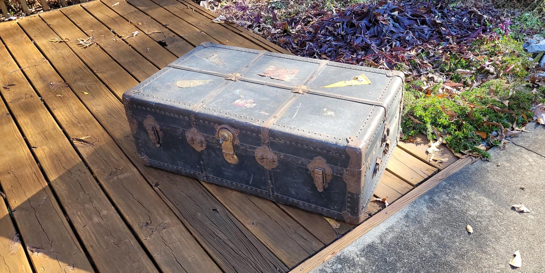 Vintage Steamer Trunk W/key, 36x20x13. Nice Blue Lining, Fun Remnants ...