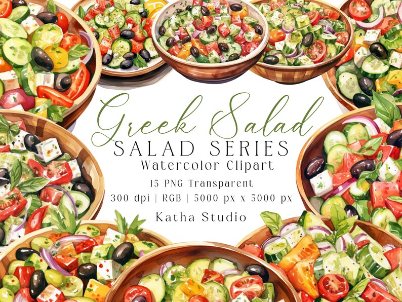 Greek Salad Watercolor Clipart PNG Transparent Clipart, Commercial POD ...
