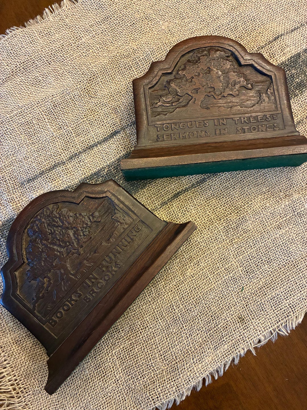 Hand Carved Wood Bookend Set - Heavy Felted Library Decor - Wooden ...