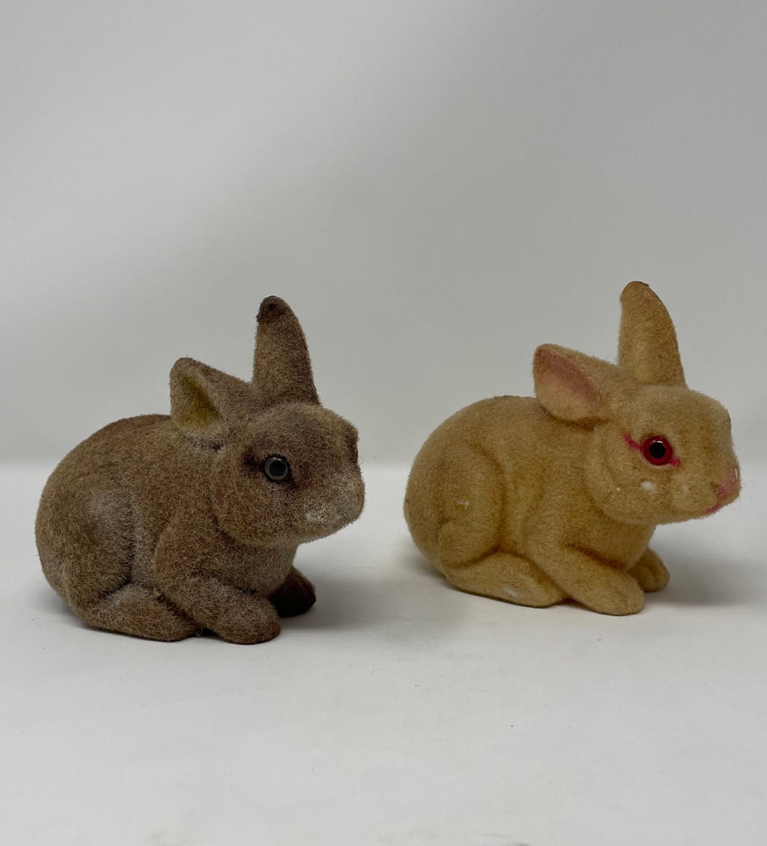 LOT of Two Vintage Flocked Bunny Rabbit Coin Banks Fuzzy Brown and ...