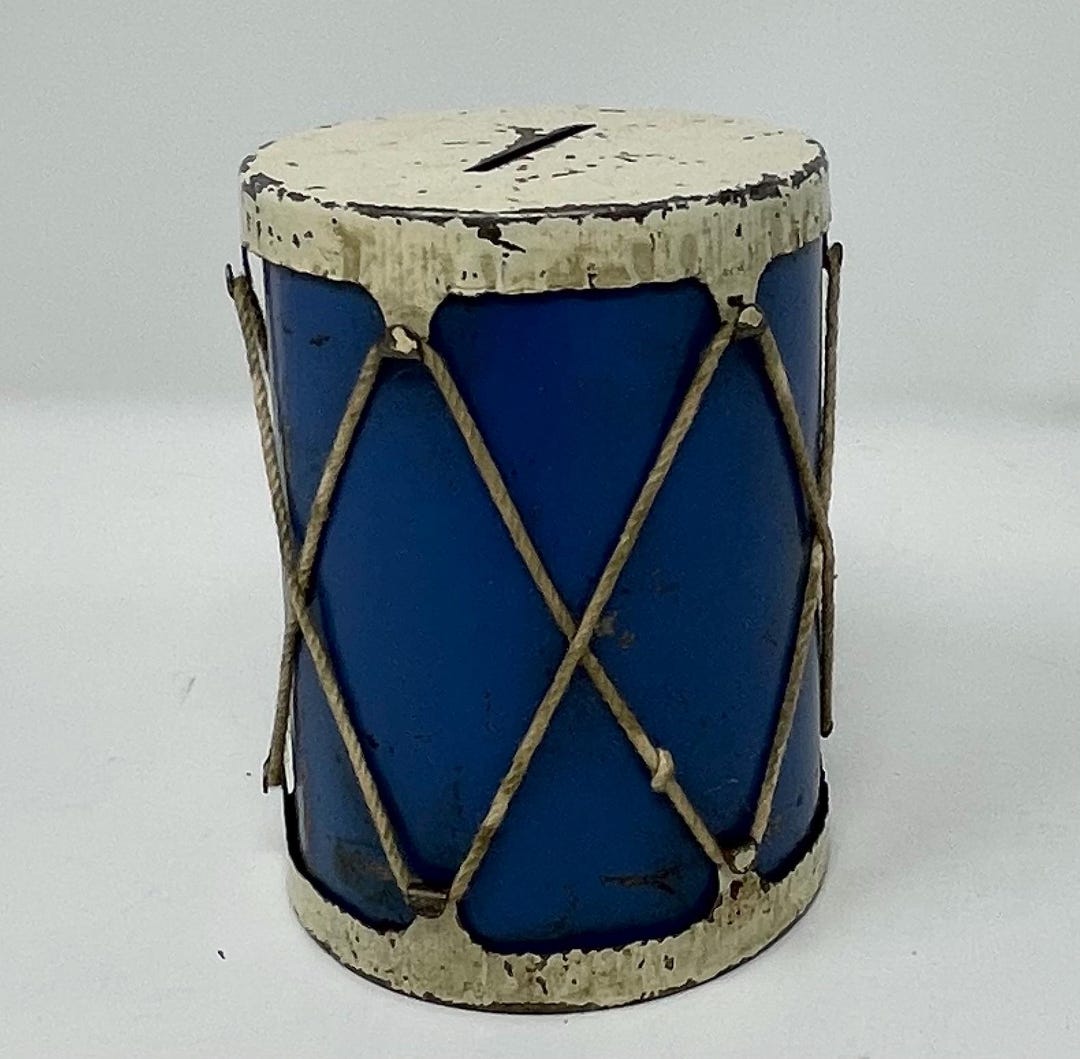 Vintage Blue Drum Coin Bank - All Metal With Original String - Etsy