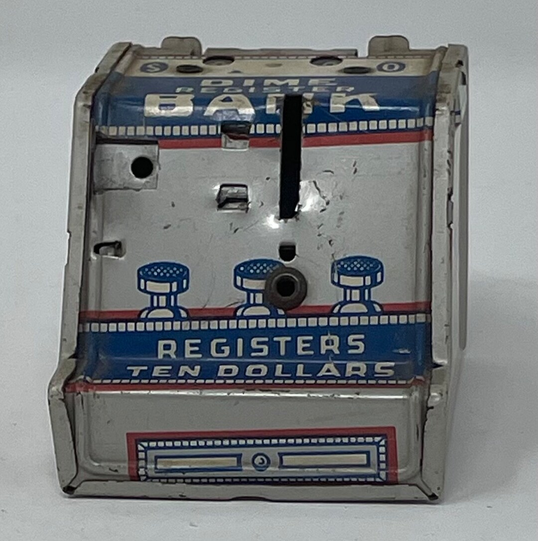 Vintage Silver, Red, and Blue Tin Litho Dime Register Bank - J. Chein ...