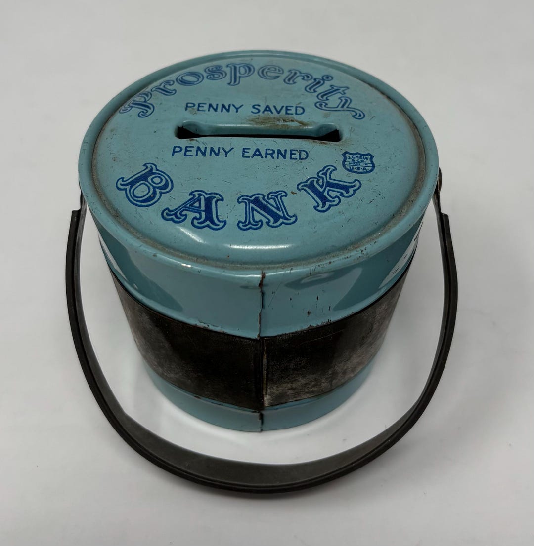 Vintage 1930-40s Light Blue Prosperity Bank Pail Bucket Tin Coin Bank ...