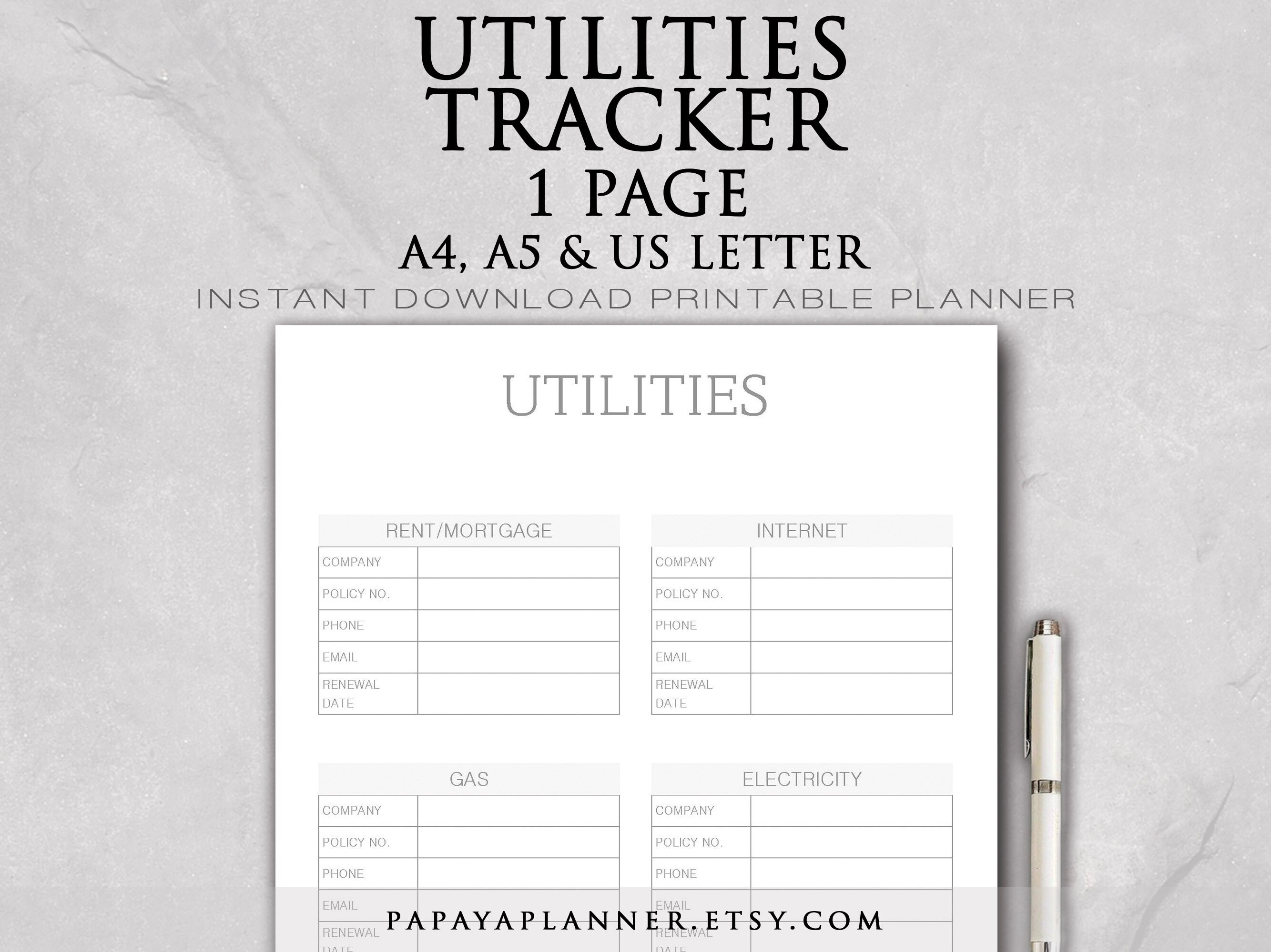 Utilities Tracker - Printable Planner, Household Planner, Personal ...