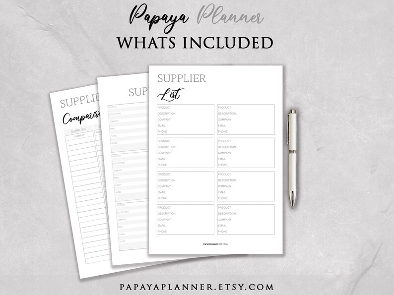 Suppliers Lists & Comparison Printable Planner, Business Template ...