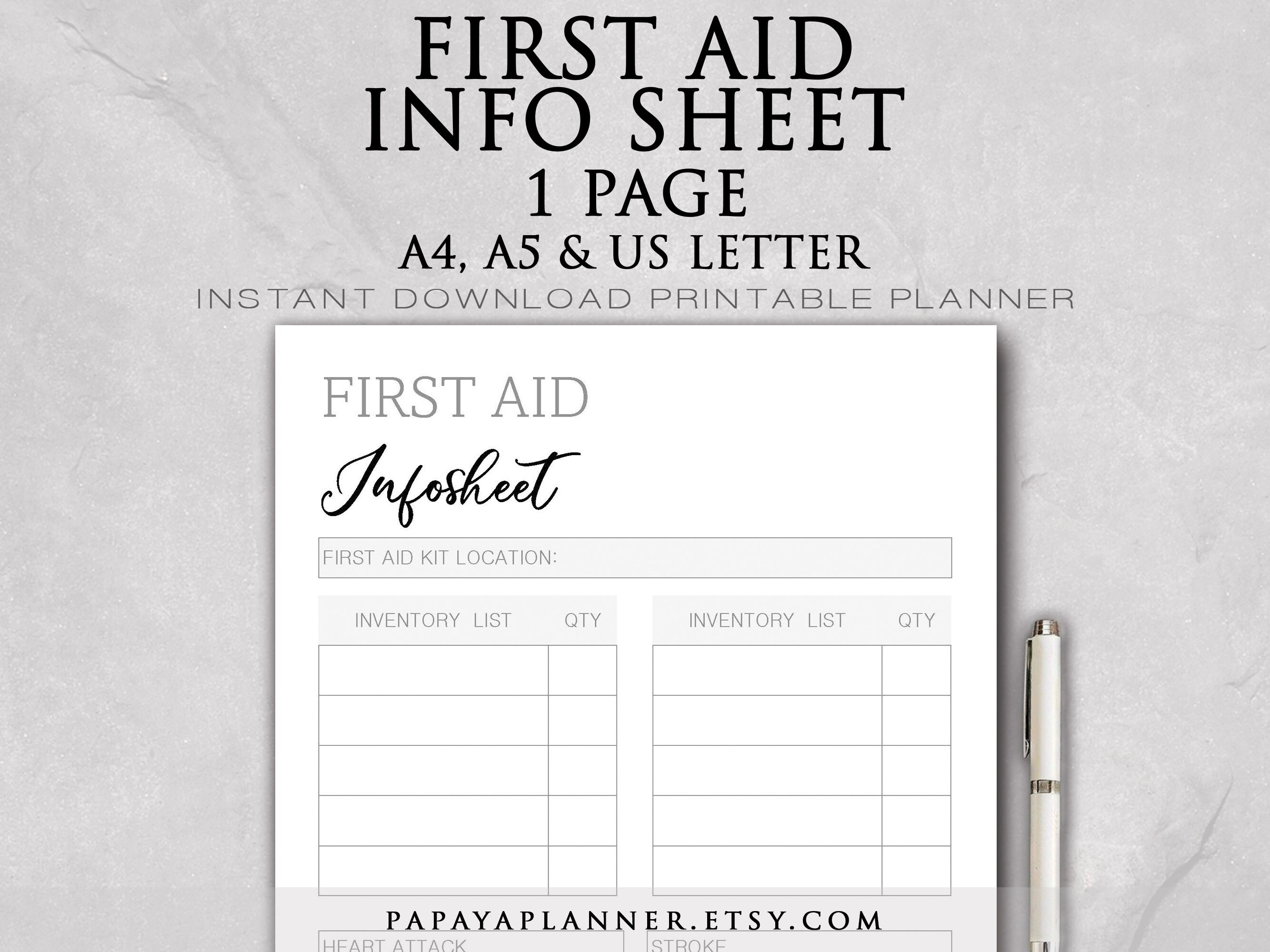 First Aid Info Sheet - Printable Planner, Health Planner, Wellness ...