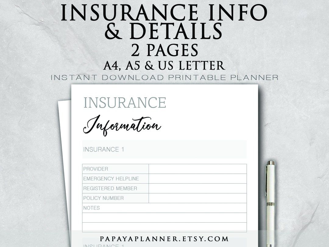 Insurance Details Printable Planner, Household Planner, Personal ...