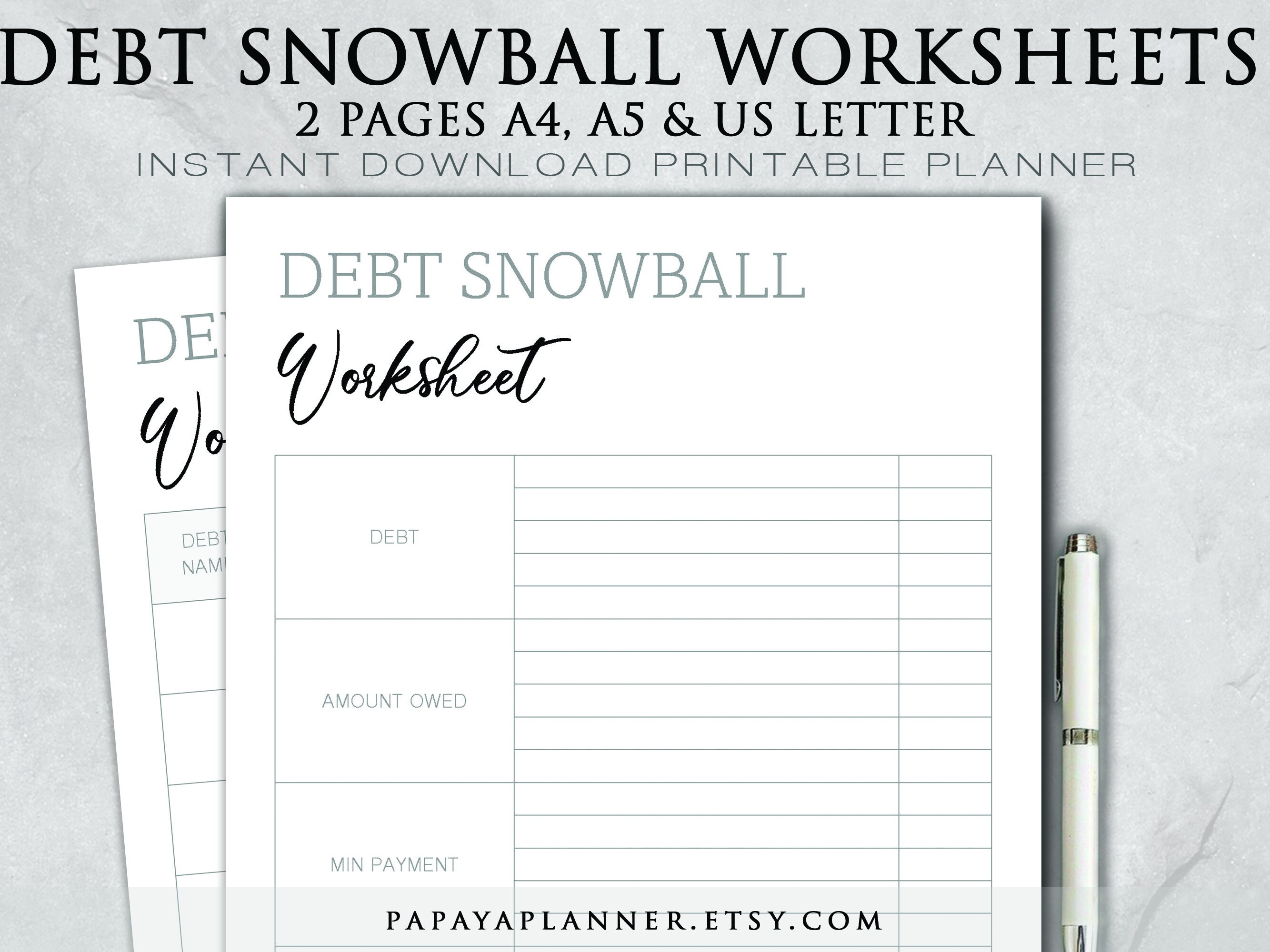Debt Snowball Worksheet Printable Planner, Budget Template, Spending ...