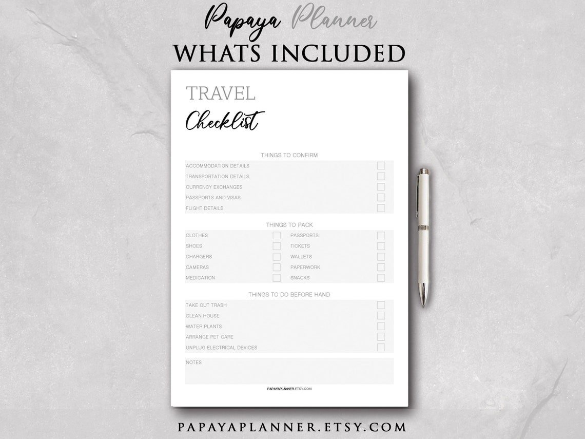 Travel Checklist Printable Planner, Personal Planner, Leisure Planner ...