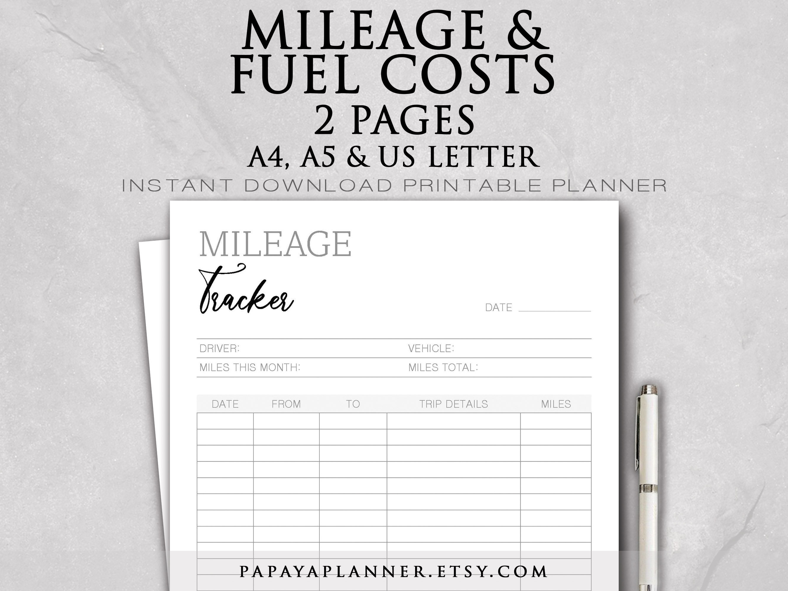 Mileage & Fuel Costs Tracker - Printable Planner, Business Template ...