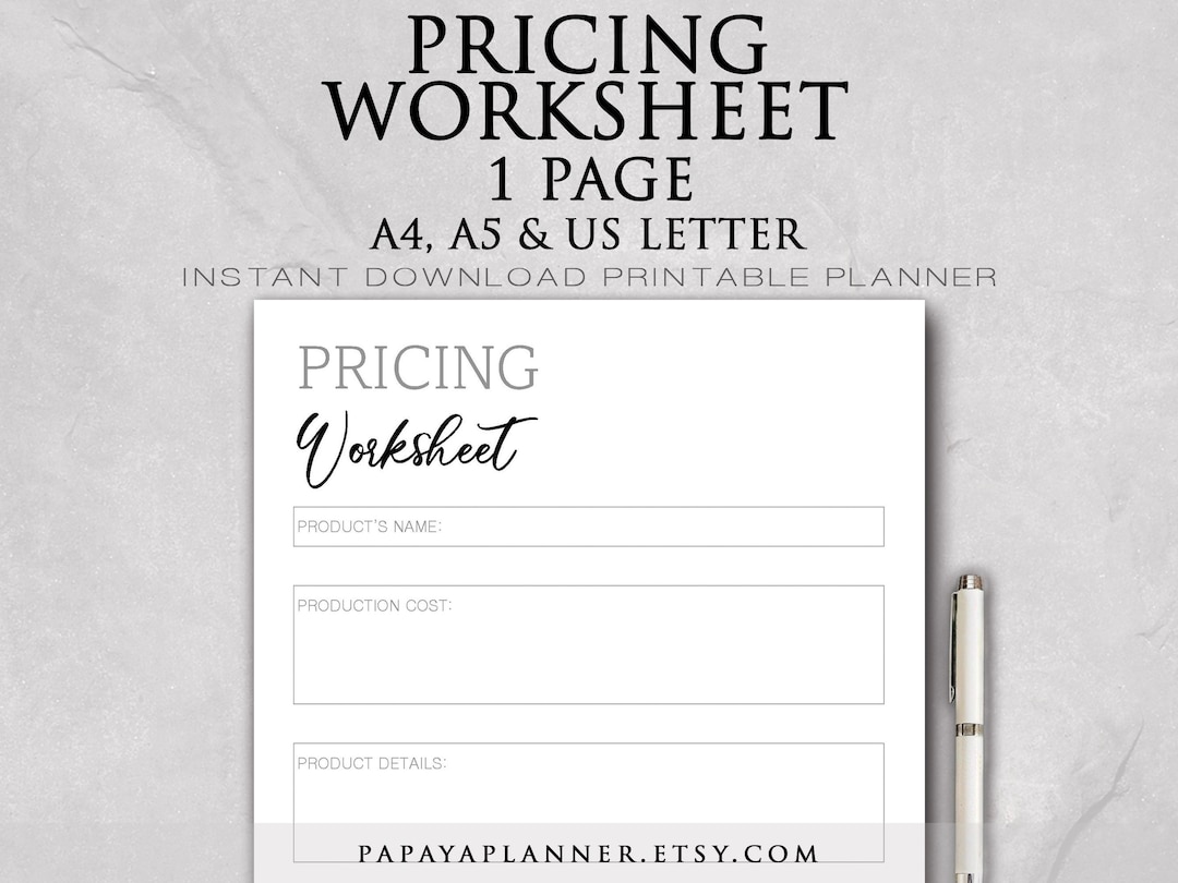 Pricing Worksheet Planner - Printable Planner, Business Template ...