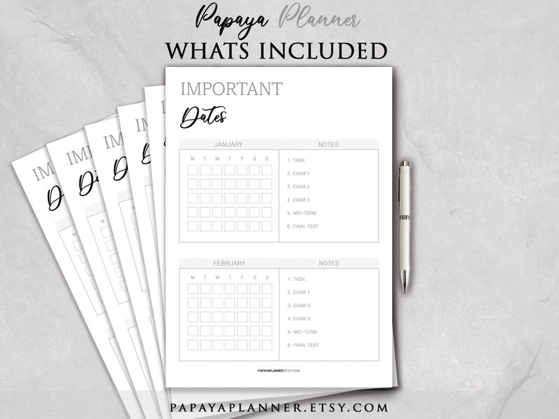 Important Dates Pack - Printable Planner, Education Template, Study ...