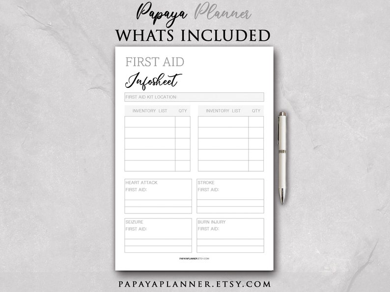 First Aid Info Sheet Printable Planner, Health Planner, Wellness ...