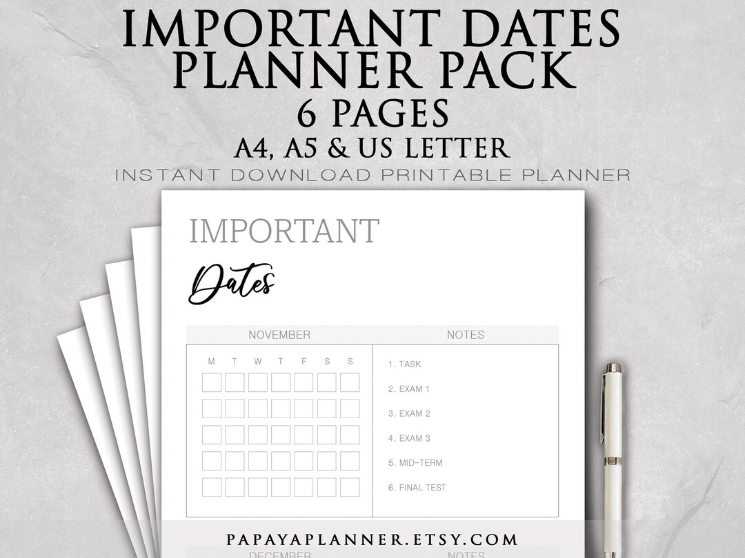Important Dates Pack - Printable Planner, Education Template, Study ...