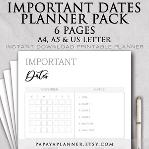 Important Dates Pack - Printable Planner, Education Template, Study ...