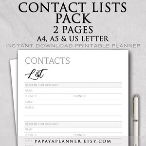 Contact Lists Pack - Printable Planner, Household Planner, Personal ...