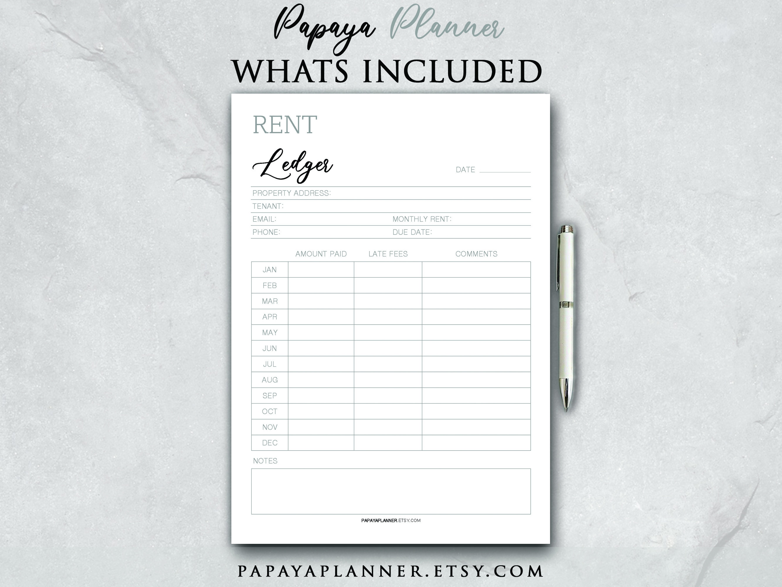 Rent Ledger Tracker Printable Planner, Household Planner, Personal ...