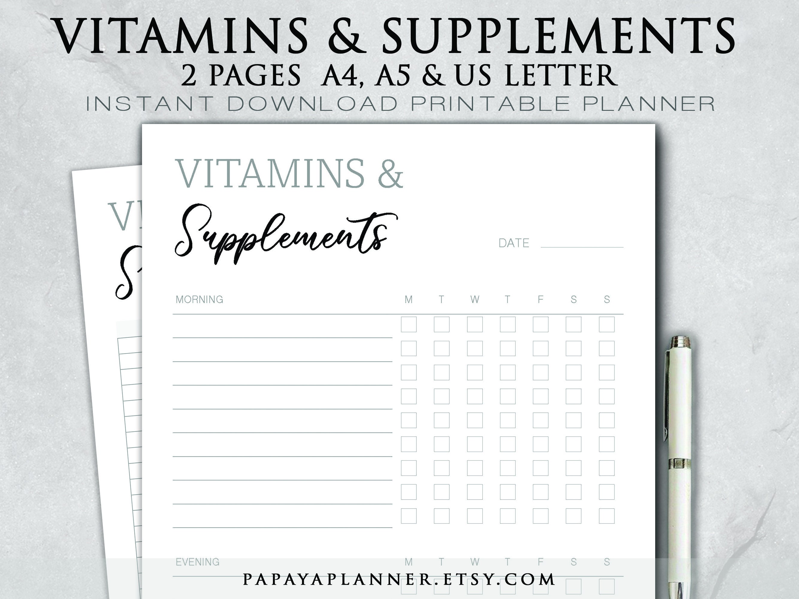 Vitamins & Supplements Printable Planner, Fitness Template, Digital ...