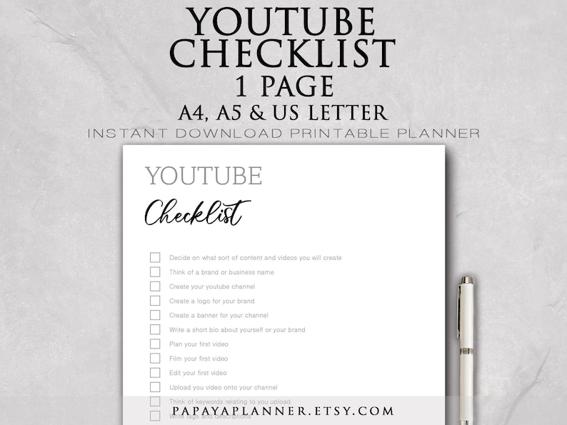 Youtube Checklist - Printable Planner, Personal Planner, Social Media ...