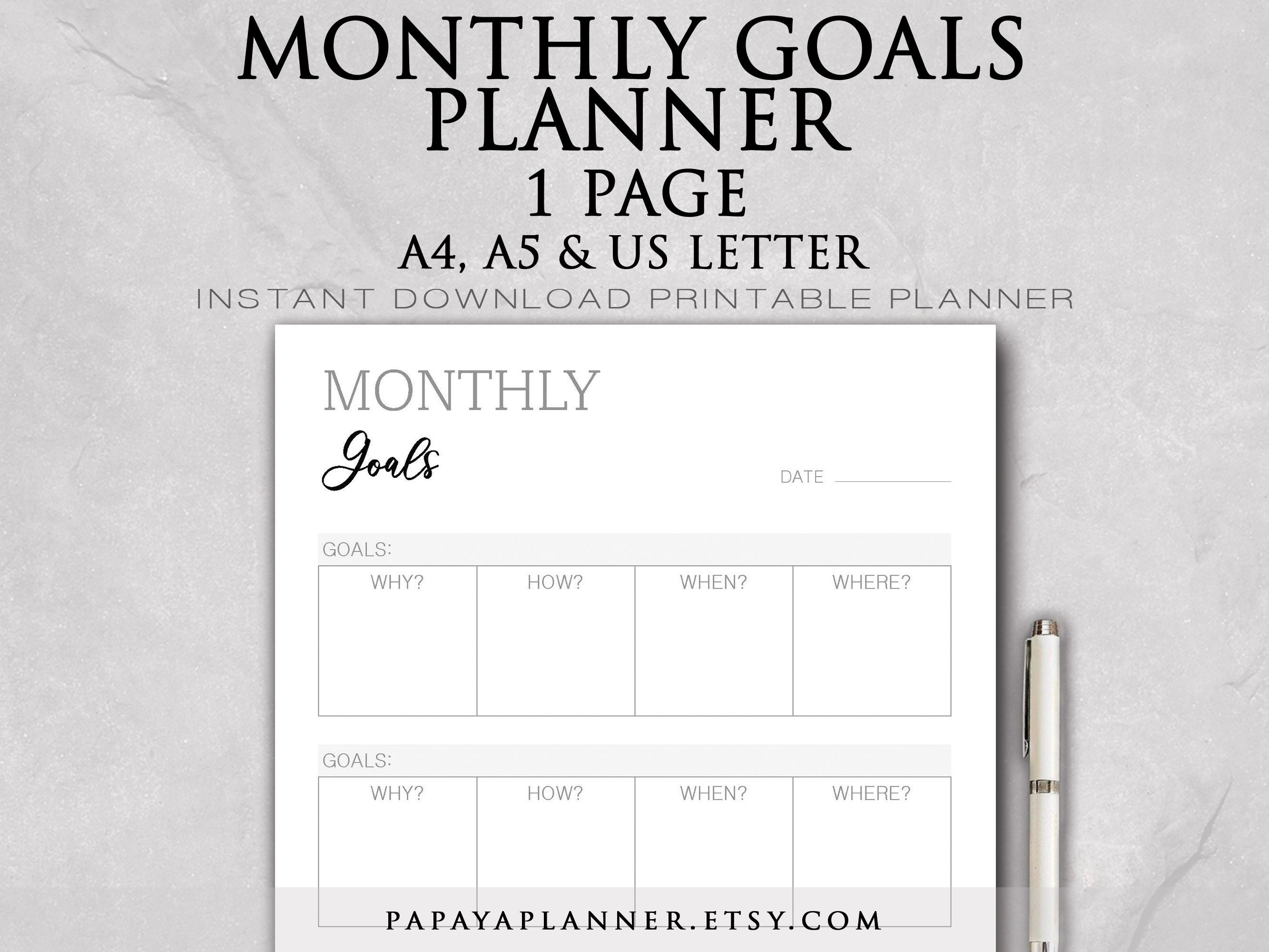 Monthly Goals Planner - Printable Planner, Productivity Planner, Habit ...