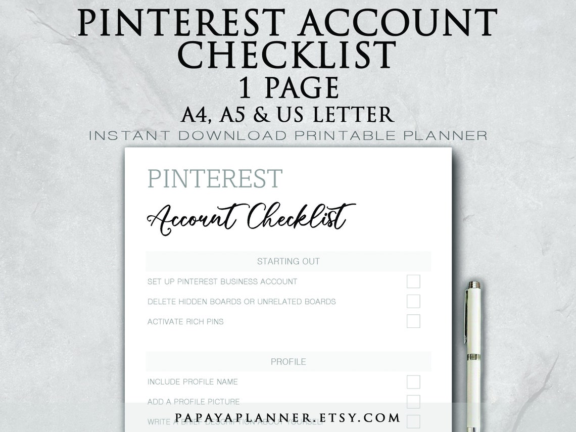 Pinterest Account Checklist Printable Planner, Personal Planner, Social ...