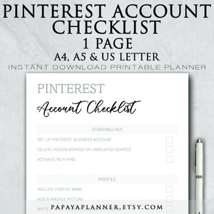 Pinterest Account Checklist Printable Planner, Personal Planner, Social ...