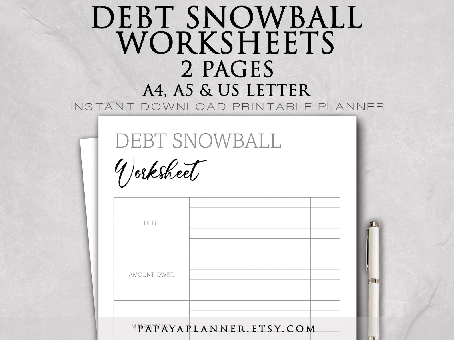 Debt Snowball Worksheet - Printable Planner, Budget Template, Spending ...