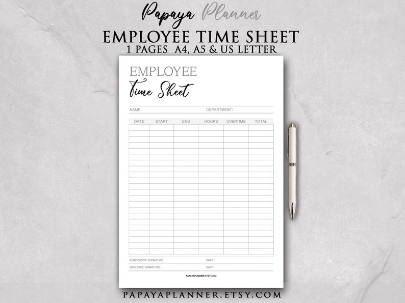Employee Time Sheet - Printable Planner, Business Template, Digital ...
