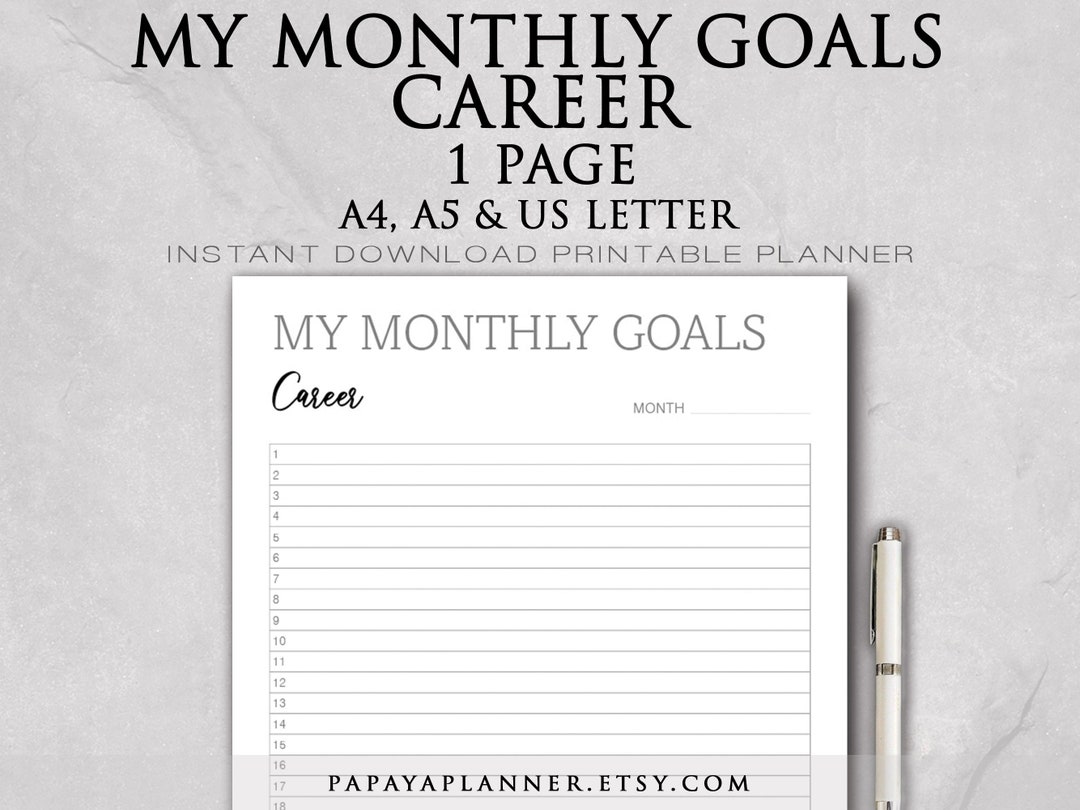 Monthly Goals Career Planner - Printable Planner, Business Template ...