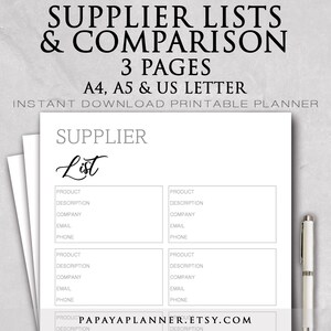 Suppliers Lists & Comparison Printable Planner, Business Template ...