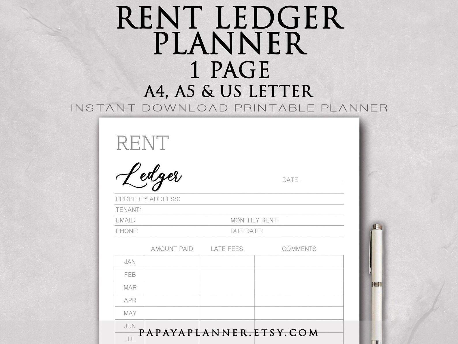 Rent Ledger Tracker - Printable Planner, Household Planner, Personal ...