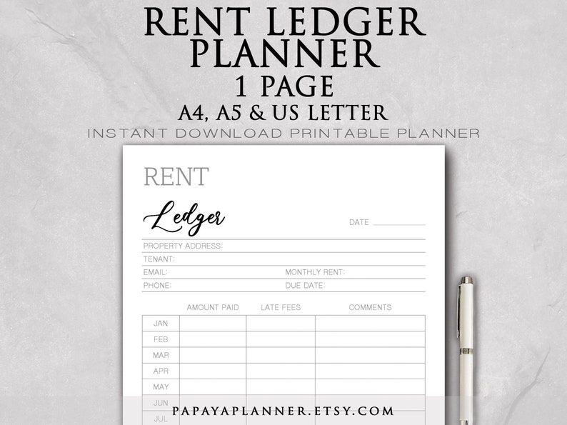 Rent Ledger Tracker - Printable Planner, Household Planner, Personal ...