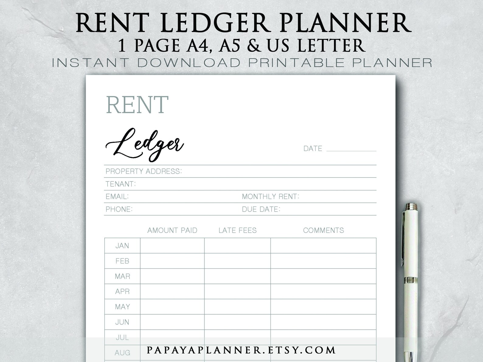 Rent Ledger Tracker Printable Planner, Household Planner, Personal ...