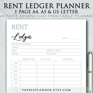 Rent Ledger Tracker Printable Planner, Household Planner, Personal ...