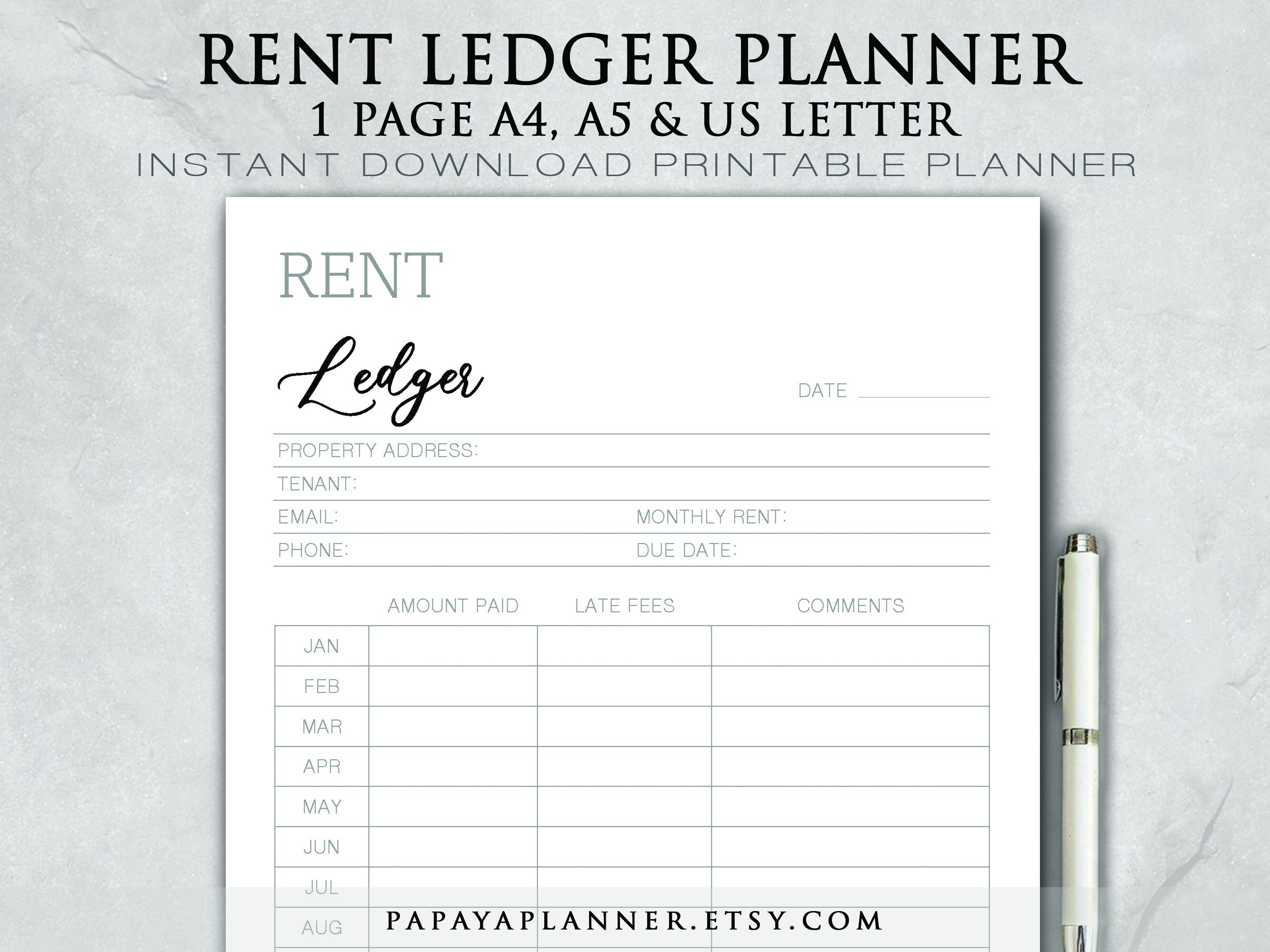 Rent Ledger Tracker Printable Planner, Household Planner, Personal ...
