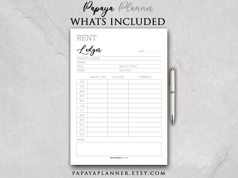 Rent Ledger Tracker - Printable Planner, Household Planner, Personal ...