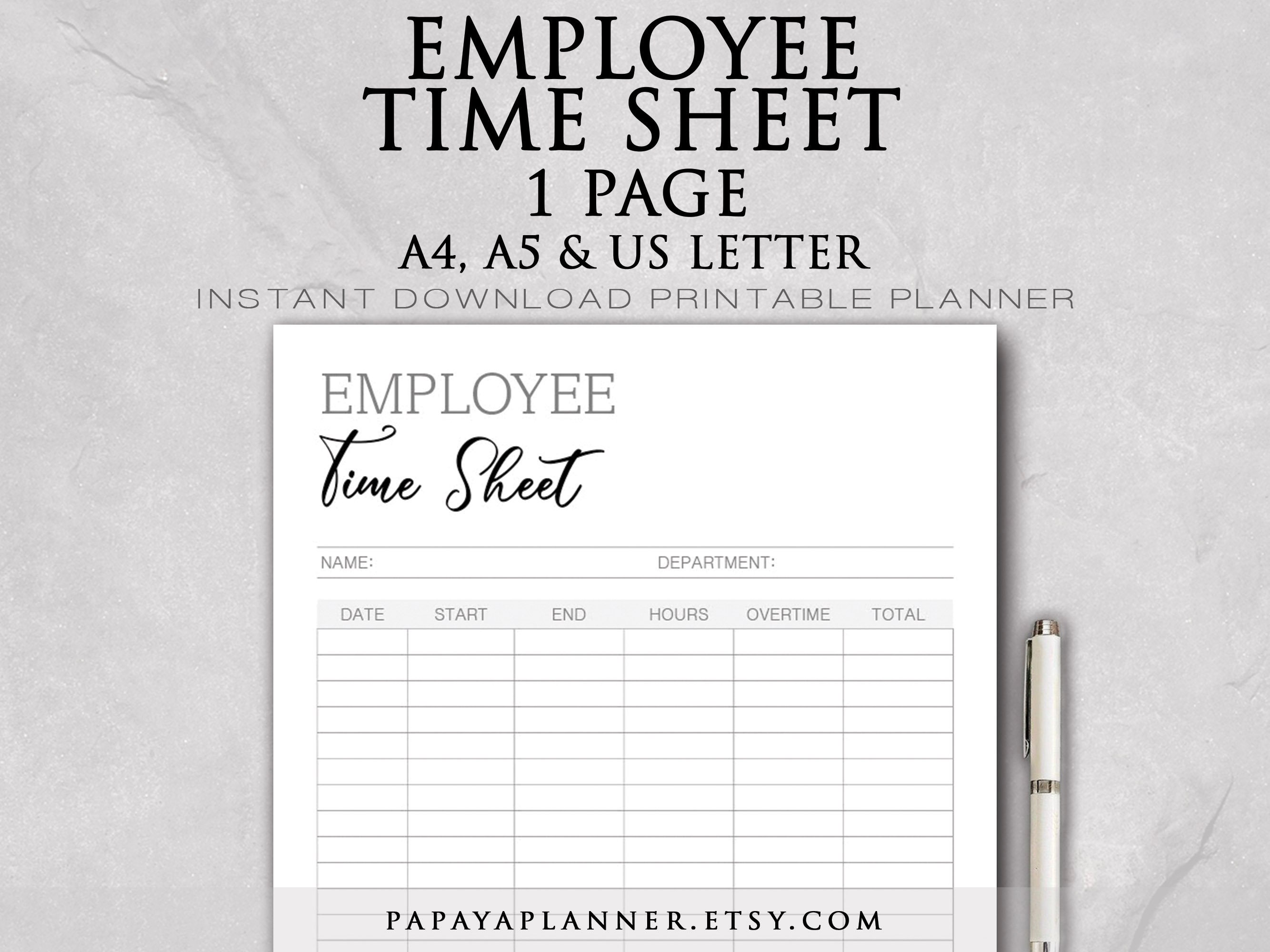 Employee Time Sheet - Printable Planner, Business Template, Digital ...