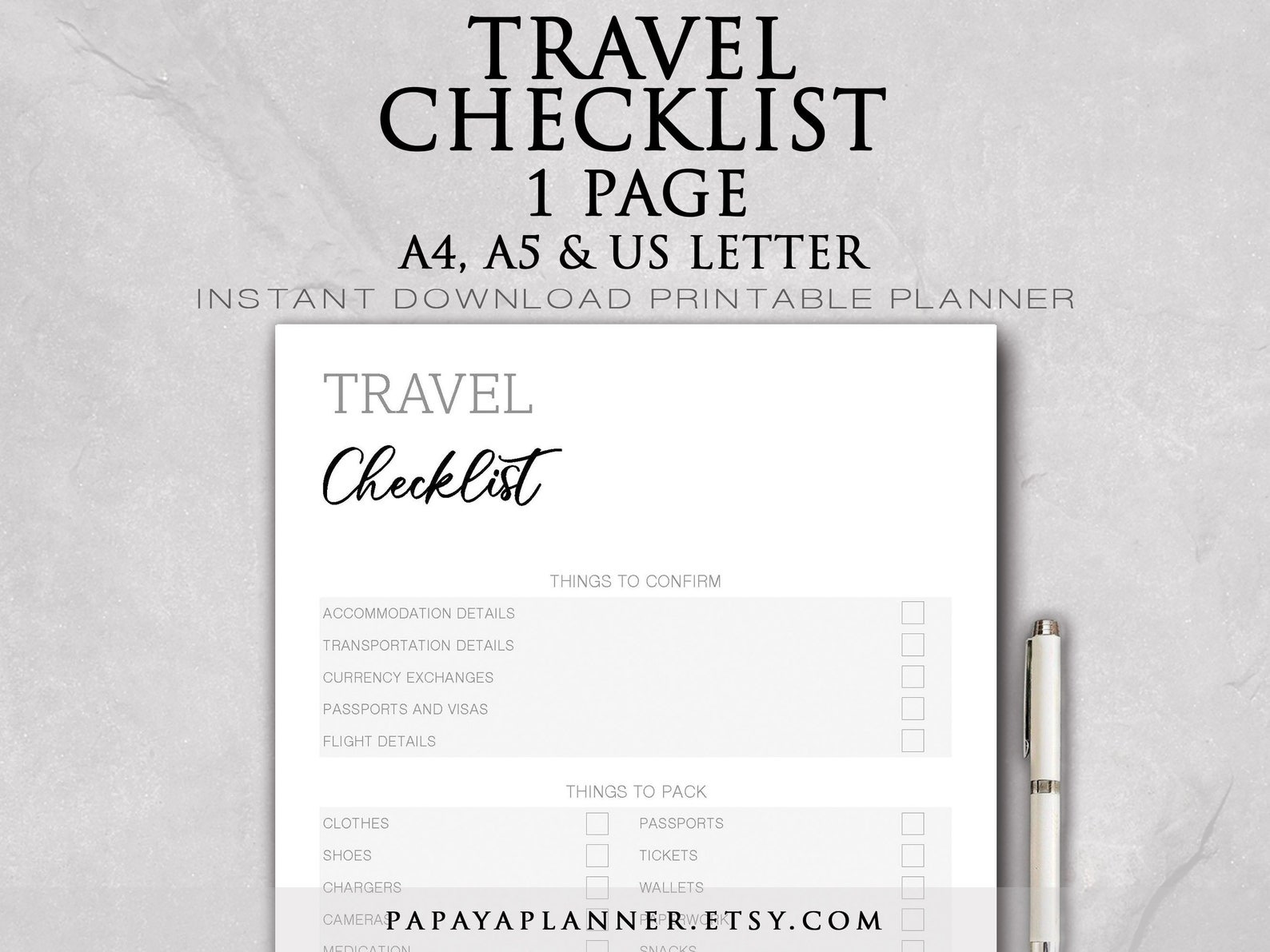 Travel Checklist - Printable Planner, Personal Planner, Leisure Planner ...