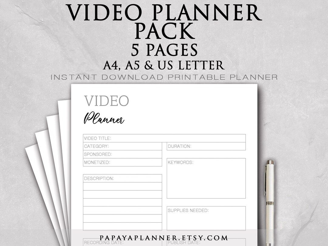 Video Planner Pack - Printable Planner, Personal Planner, Social Media ...