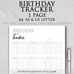 Birthday Tracker - Printable Planner, Household Planner, Personal ...
