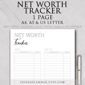 Net Worth Tracker - Printable Planner, Financial Template, Bill Plan ...