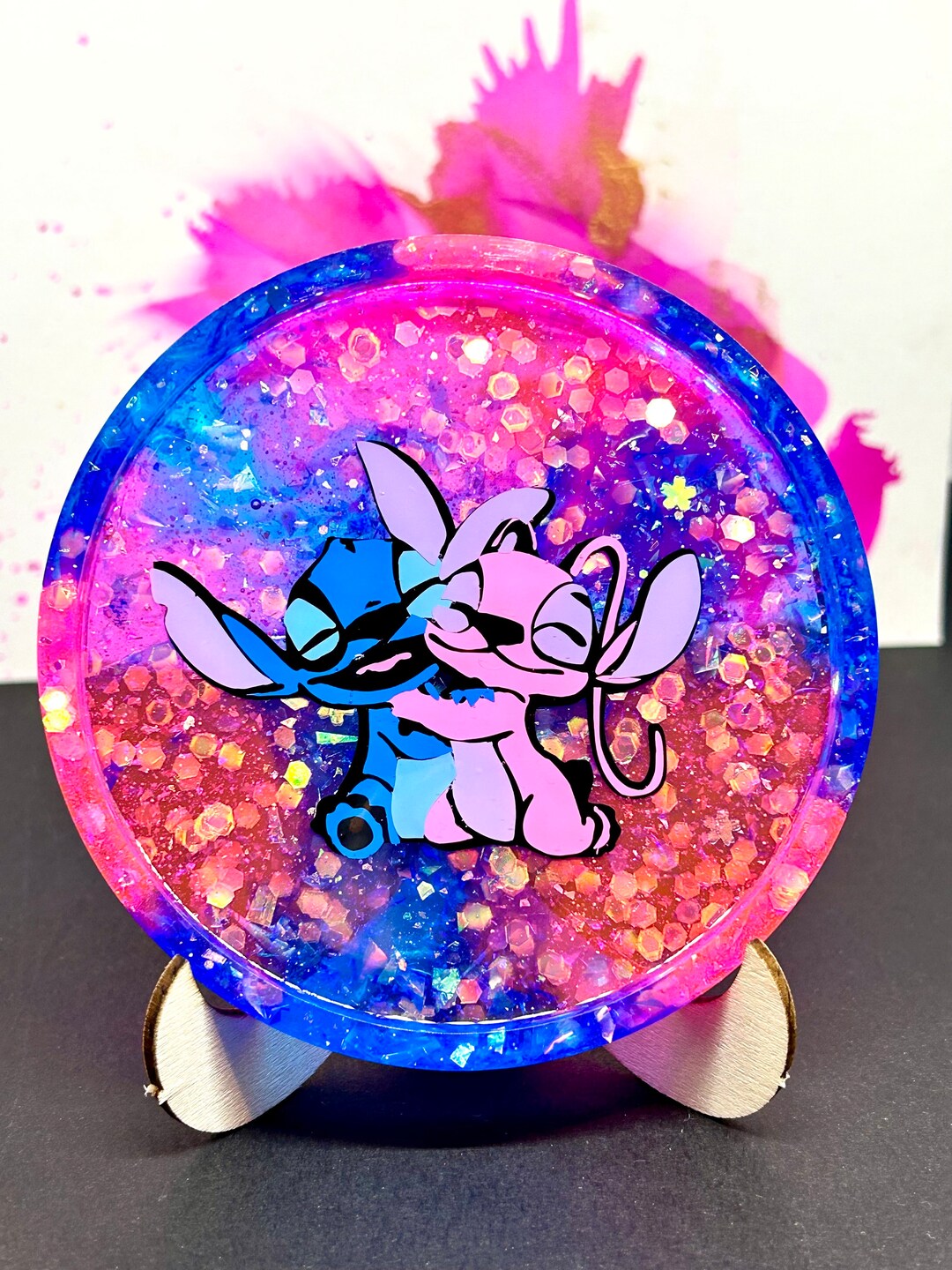 Personalised Stitch and Angel in Love Coaster Resin Plaque With Stand ...