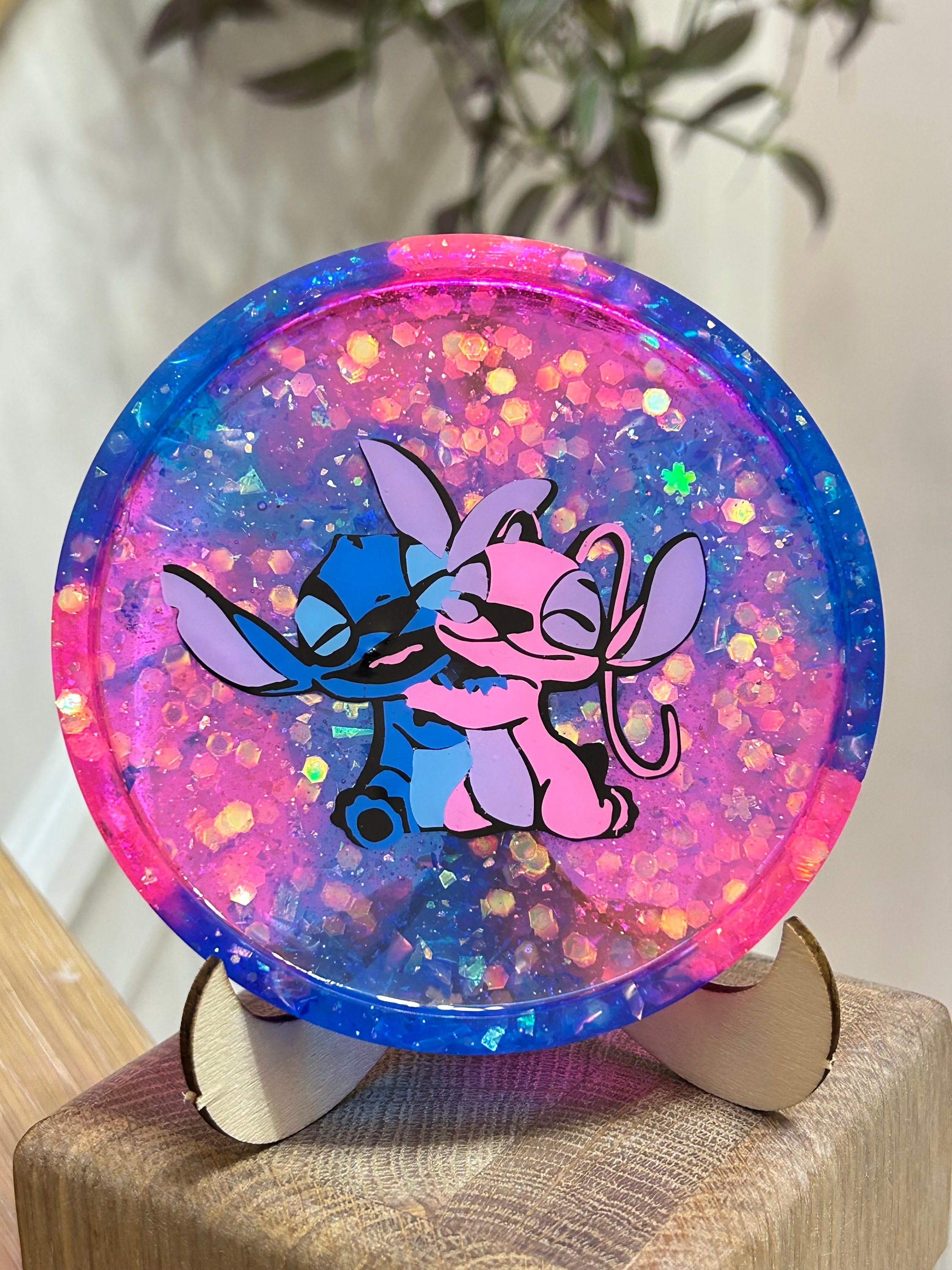 Personalised Stitch and Angel in Love Coaster Resin Plaque With Stand ...