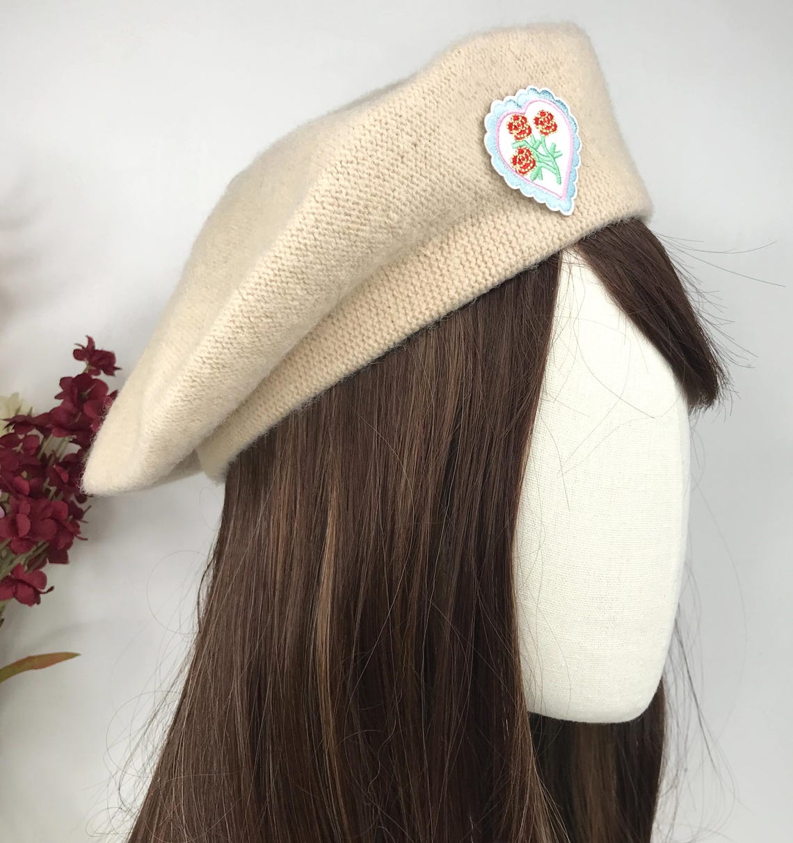 Beige Wool Love Heart Red Roses Floral Flower Blue Love Heart Cute ...
