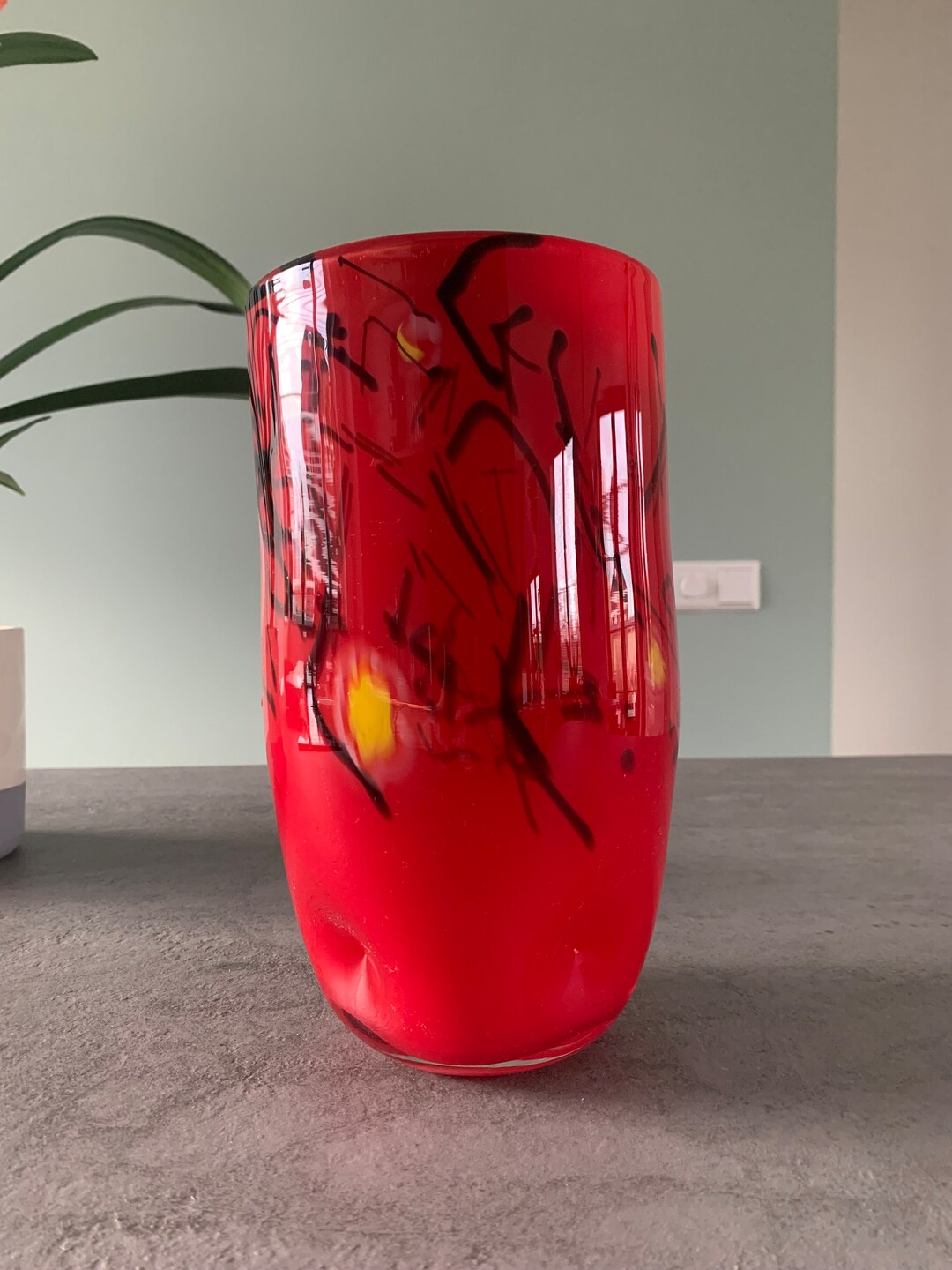 Vintage Eastern Art Handmade Glass Vase, Red With Yellow and Black - Etsy