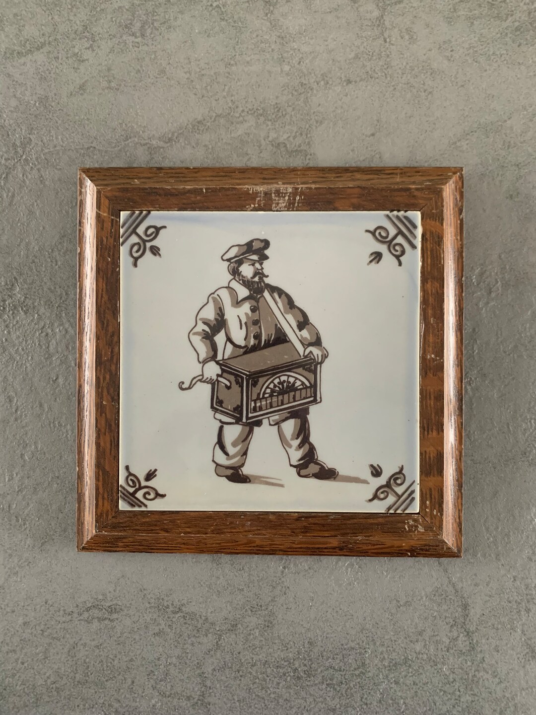 Delft Blue Tile Man With Organ, Hand-painted and Framed 17.5x17.5 Cm ...
